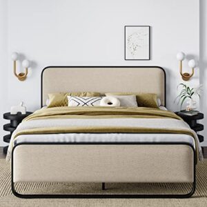 allewie queen size metal bed frame with curved upholstered headboard and footboard, platform bed frame with under bed storage, no box spring needed, vintage, beige