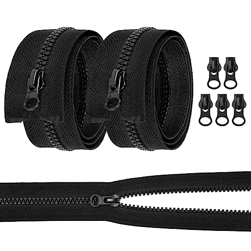 AUAUY 2 PCS 60cm/23.6inch Resin Coil Zippers with 5 PCS Zipper Pulls,Strong No.5 Resin Open-Ended Zips for Sewing Assorted Sizes, DIY Dressmaking, Bags, Tailor, Craft Supplies(Black)