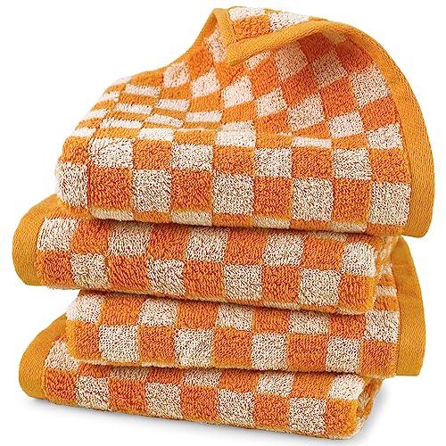 Jacquotha Checkered Hand Towels 4 Pack - Cotton Hand Towels for Kitchen Bathroom 29” x 13”, Orange