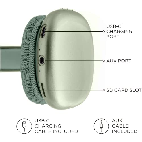 iJoy Ultra Wireless Headphones with Microphone- Rechargeable Over Ear Wireless Bluetooth Headphones with 10Hr Playtime, SD Slot, Backup Wire- Soft Cushion Wireless Headset with Mic (Green)