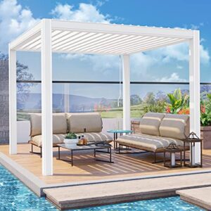 QAQA 10 X 10 FT Louvered Pergola with Adjustable Roof, Aluminum Outdoor Pergola Gazebo with Hardtop for Patio, Garden and Deck, White