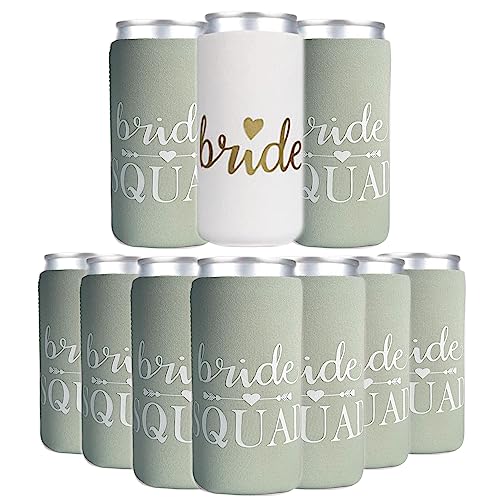 PartyGifts&Beyond 10Packs Bridesmaid Can Cooler, Bride Squad Can Sleeve for Bachelorette Party Decoration Slim Can Koozies(Sage Green)