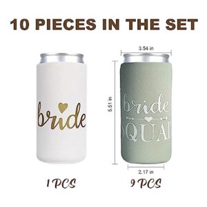 PartyGifts&Beyond 10Packs Bridesmaid Can Cooler, Bride Squad Can Sleeve for Bachelorette Party Decoration Slim Can Koozies(Sage Green)