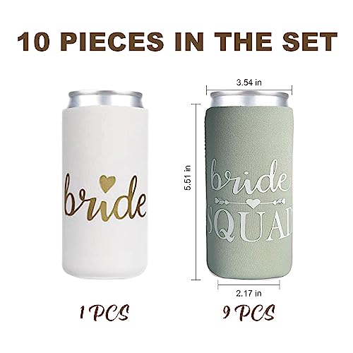 PartyGifts&Beyond 10Packs Bridesmaid Can Cooler, Bride Squad Can Sleeve for Bachelorette Party Decoration Slim Can Koozies(Sage Green)