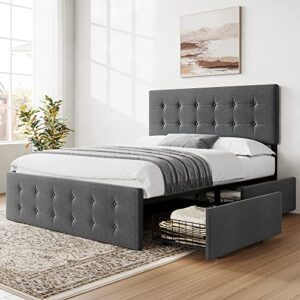 IDEALHOUSE Full Bed Frame with 4 Storage Drawers,Grey Full Size Platform Upholstered Bed Frame with Headboard and Wooden Slats Support,No Box Spring Needed (Full)