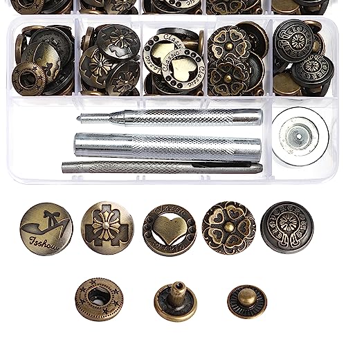 40 Sets Snap Fasteners Kit, 17 mm Big Size Metal Clothing Snaps Kit with Fixing Tools, Leather Rivets+Buttons Press Studs+Double Cap Rivet for Bracelet, Bags, Leather, Coat, Down Jacket, Jeans Wear