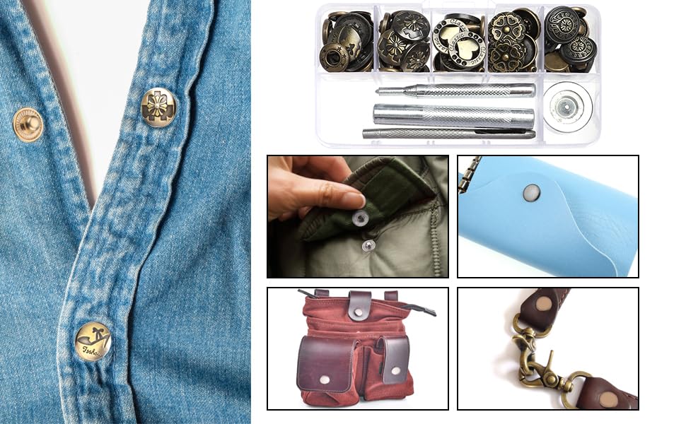 40 Sets Snap Fasteners Kit, 17 mm Big Size Metal Clothing Snaps Kit with Fixing Tools, Leather Rivets+Buttons Press Studs+Double Cap Rivet for Bracelet, Bags, Leather, Coat, Down Jacket, Jeans Wear