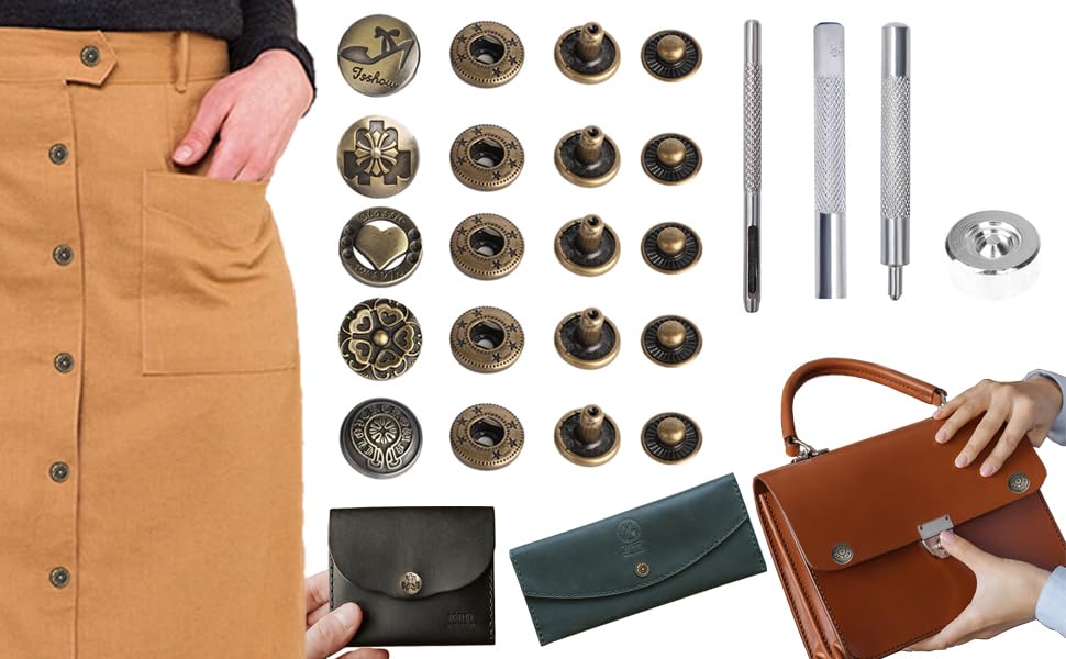 40 Sets Snap Fasteners Kit, 17 mm Big Size Metal Clothing Snaps Kit with Fixing Tools, Leather Rivets+Buttons Press Studs+Double Cap Rivet for Bracelet, Bags, Leather, Coat, Down Jacket, Jeans Wear