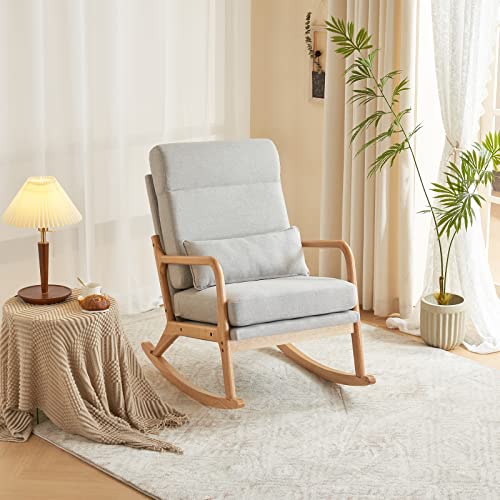 SEALAMB Rocking Chair Nursery with Lumbar Pillow, Rocker Chair Glider Chair for Nursery Mom Seniors, High Backrest Armchair Comfy Chair for Living Room Bedroom