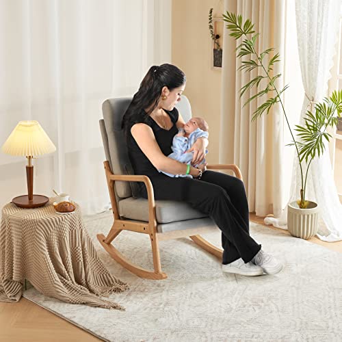 SEALAMB Rocking Chair Nursery with Lumbar Pillow, Rocker Chair Glider Chair for Nursery Mom Seniors, High Backrest Armchair Comfy Chair for Living Room Bedroom