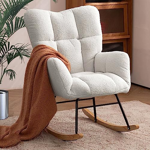 Ugijei Rocking Chair Nursery, Teddy Upholstered Glider Rocker with High Backrest, Modern Rocking Accent Chair for Nursery, Living Room, Bedroom (Ivory)