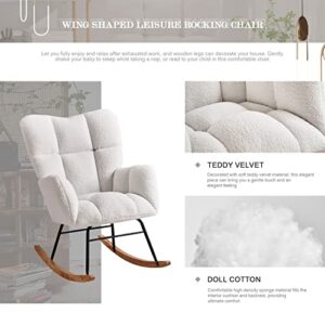 Ugijei Rocking Chair Nursery, Teddy Upholstered Glider Rocker with High Backrest, Modern Rocking Accent Chair for Nursery, Living Room, Bedroom (Ivory)