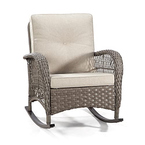 MeetLeisure Patio Wicker Rocking Chair - All-Weather Outdoor Rocker Chair with Safe Rocking Design and Premium Fabric Cushions, (Mixed Grey/Beige)