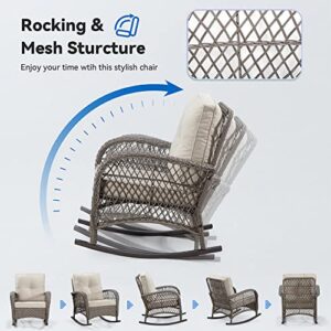 MeetLeisure Patio Wicker Rocking Chair - All-Weather Outdoor Rocker Chair with Safe Rocking Design and Premium Fabric Cushions, (Mixed Grey/Beige)