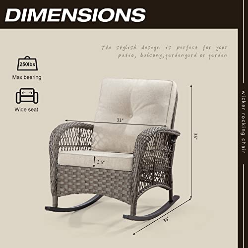 MeetLeisure Patio Wicker Rocking Chair - All-Weather Outdoor Rocker Chair with Safe Rocking Design and Premium Fabric Cushions, (Mixed Grey/Beige)