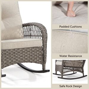 MeetLeisure Patio Wicker Rocking Chair - All-Weather Outdoor Rocker Chair with Safe Rocking Design and Premium Fabric Cushions, (Mixed Grey/Beige)