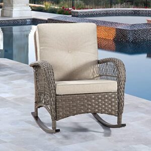 MeetLeisure Patio Wicker Rocking Chair - All-Weather Outdoor Rocker Chair with Safe Rocking Design and Premium Fabric Cushions, (Mixed Grey/Beige)