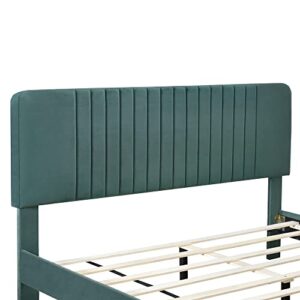 OPTOUGH Queen Upholstered Platform Bed with Headboard, Velvet Queen Size Bed Frame with Wooden Slats/Noise-Free/No Box Spring Needed, Green