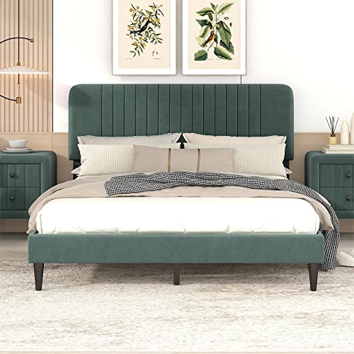 OPTOUGH Queen Upholstered Platform Bed with Headboard, Velvet Queen Size Bed Frame with Wooden Slats/Noise-Free/No Box Spring Needed, Green