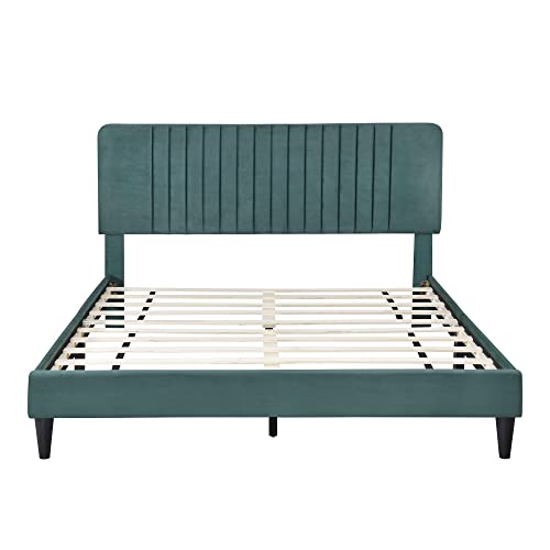 OPTOUGH Queen Upholstered Platform Bed with Headboard, Velvet Queen Size Bed Frame with Wooden Slats/Noise-Free/No Box Spring Needed, Green