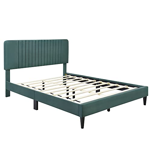 OPTOUGH Queen Upholstered Platform Bed with Headboard, Velvet Queen Size Bed Frame with Wooden Slats/Noise-Free/No Box Spring Needed, Green