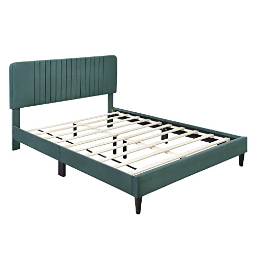 OPTOUGH Queen Upholstered Platform Bed with Headboard, Velvet Queen Size Bed Frame with Wooden Slats/Noise-Free/No Box Spring Needed, Green