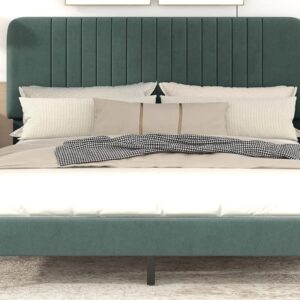 OPTOUGH Queen Upholstered Platform Bed with Headboard, Velvet Queen Size Bed Frame with Wooden Slats/Noise-Free/No Box Spring Needed, Green