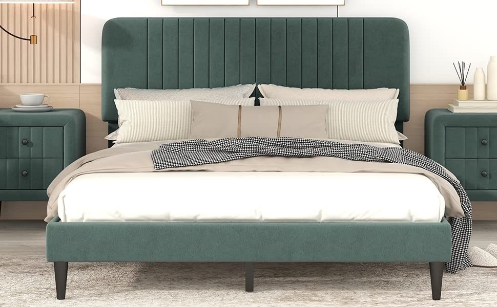 OPTOUGH Queen Upholstered Platform Bed with Headboard, Velvet Queen Size Bed Frame with Wooden Slats/Noise-Free/No Box Spring Needed, Green