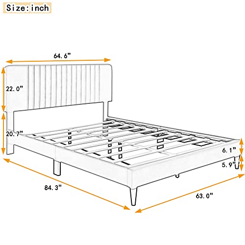 OPTOUGH Queen Upholstered Platform Bed with Headboard, Velvet Queen Size Bed Frame with Wooden Slats/Noise-Free/No Box Spring Needed, Green