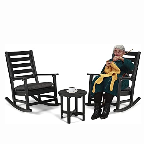 HOPUBUY Outdoor Rocking Chair Set of 3 with Cushion, HDPE Patio Rocking Chair, All Weather Resistant Rocker Chairs for Porch Garden Yard Living Room, Black