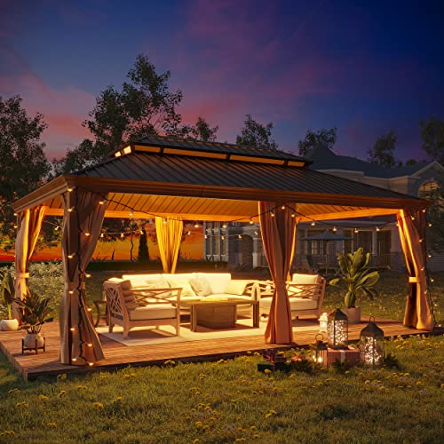 GAZEBEST 12' X 20' Permanent Hardtop Gazebo, Outdoor Galvanized Steel Double Roof Pavilion Pergola Canopy Wood-Looking with Aluminum Frame and Privacy Curtains for Garden,Patio Backyard,Deck and Lawns