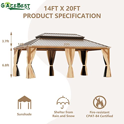 GAZEBEST 12' X 20' Permanent Hardtop Gazebo, Outdoor Galvanized Steel Double Roof Pavilion Pergola Canopy Wood-Looking with Aluminum Frame and Privacy Curtains for Garden,Patio Backyard,Deck and Lawns