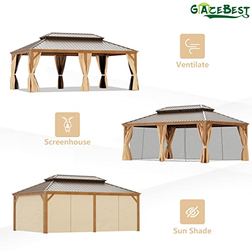 GAZEBEST 12' X 20' Permanent Hardtop Gazebo, Outdoor Galvanized Steel Double Roof Pavilion Pergola Canopy Wood-Looking with Aluminum Frame and Privacy Curtains for Garden,Patio Backyard,Deck and Lawns