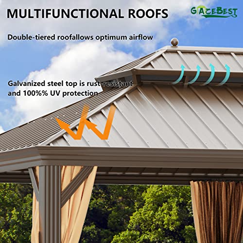 GAZEBEST 12' X 20' Permanent Hardtop Gazebo, Outdoor Galvanized Steel Double Roof Pavilion Pergola Canopy Wood-Looking with Aluminum Frame and Privacy Curtains for Garden,Patio Backyard,Deck and Lawns