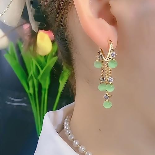 Jade Tassel Earrings Cat'S Eye Stone Earrings Natural Green Hotan Jade Jade Earrings Lucky Green Jade Handmade Earrings Hypoallergenic Jade Jewelry Gifts for Women Girls (Light Green)