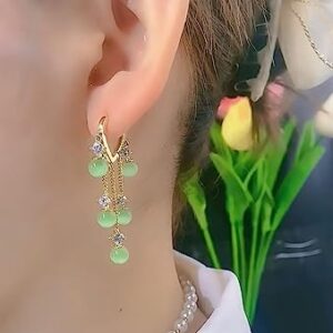 Jade Tassel Earrings Cat'S Eye Stone Earrings Natural Green Hotan Jade Jade Earrings Lucky Green Jade Handmade Earrings Hypoallergenic Jade Jewelry Gifts for Women Girls (Light Green)