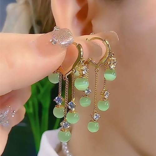 Jade Tassel Earrings Cat'S Eye Stone Earrings Natural Green Hotan Jade Jade Earrings Lucky Green Jade Handmade Earrings Hypoallergenic Jade Jewelry Gifts for Women Girls (Light Green)