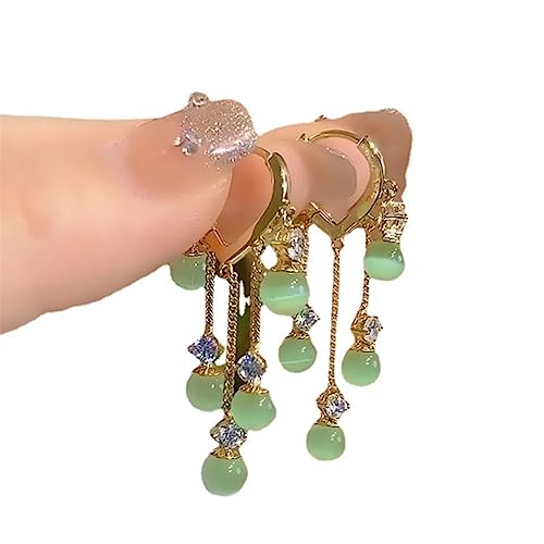 Jade Tassel Earrings Cat'S Eye Stone Earrings Natural Green Hotan Jade Jade Earrings Lucky Green Jade Handmade Earrings Hypoallergenic Jade Jewelry Gifts for Women Girls (Light Green)