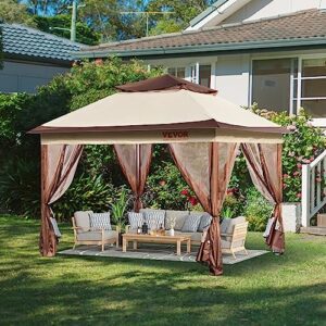 VEVOR Patio Gazebo, 11 x 11 FT Pop up Gazebo for 8-10 Person, with Mosquito Netting, Metal Frame, and PU Coated 250D Oxford Cloth, Outdoor Canopy Shelter for Patio, Backyard, Lawn, Garden, Deck