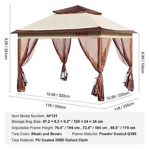 VEVOR Patio Gazebo, 11 x 11 FT Pop up Gazebo for 8-10 Person, with Mosquito Netting, Metal Frame, and PU Coated 250D Oxford Cloth, Outdoor Canopy Shelter for Patio, Backyard, Lawn, Garden, Deck