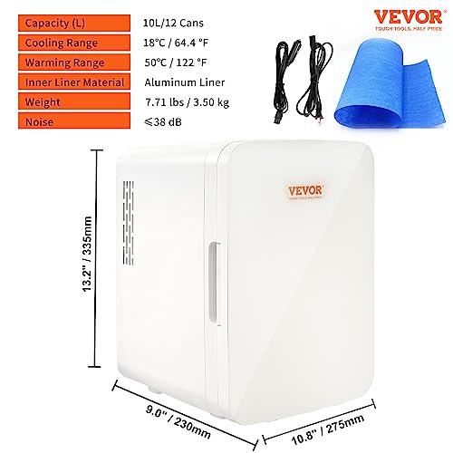 VEVOR Mini Fridge 10L/12 Can Luxury Skin Care Refrigerator, Small Beverage Cooling for Bedroom Office Dorm Car Travel AC/DC Cooler & Heat for Foods, Drink, Breast Milk Storage & Chill, White