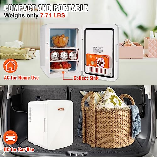 VEVOR Mini Fridge 10L/12 Can Luxury Skin Care Refrigerator, Small Beverage Cooling for Bedroom Office Dorm Car Travel AC/DC Cooler & Heat for Foods, Drink, Breast Milk Storage & Chill, White