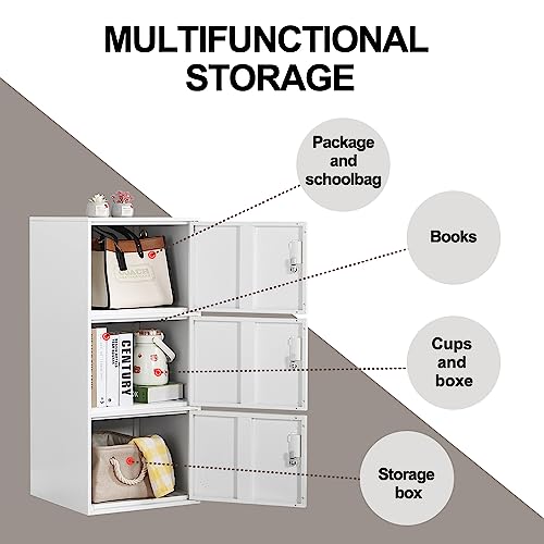 3 Door Metal Vertical Storage Locker for Kids Bedroom, Children Room, School, Office, Home ,Stackable Steel Storage Cabinet for Toys, Clothes & Sports Equipment,Anti-falling Device. (3D, White)