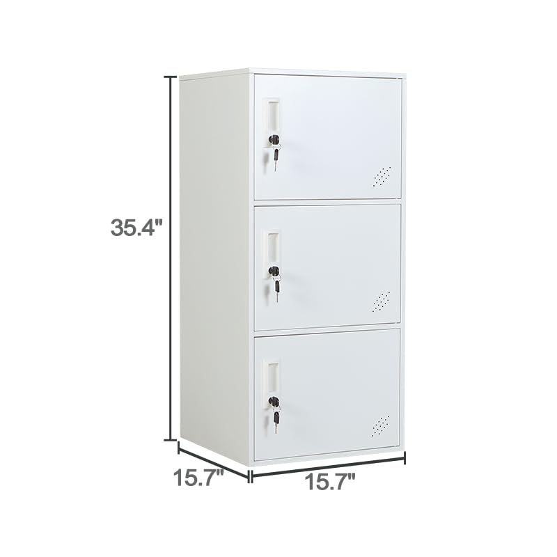 3 Door Metal Vertical Storage Locker for Kids Bedroom, Children Room, School, Office, Home ,Stackable Steel Storage Cabinet for Toys, Clothes & Sports Equipment,Anti-falling Device. (3D, White)