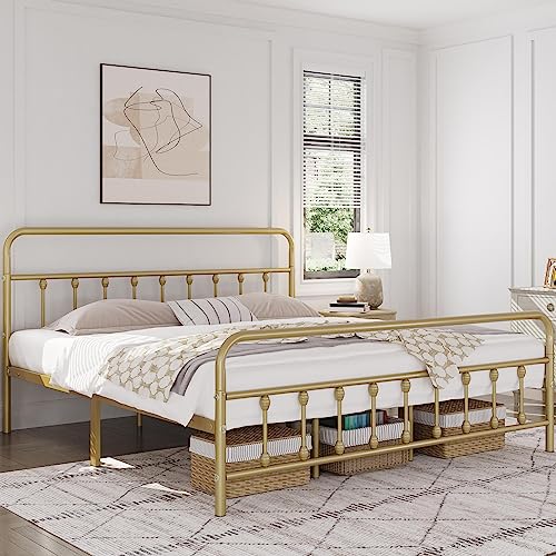 Topeakmart King Size Victorian Style Metal Bed Frame with Headboard/Mattress Foundation/No Box Spring Needed/Under Bed Storage/Strong Slat Support Antique Gold