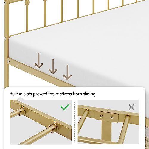 Topeakmart King Size Victorian Style Metal Bed Frame with Headboard/Mattress Foundation/No Box Spring Needed/Under Bed Storage/Strong Slat Support Antique Gold