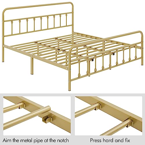 Topeakmart King Size Victorian Style Metal Bed Frame with Headboard/Mattress Foundation/No Box Spring Needed/Under Bed Storage/Strong Slat Support Antique Gold