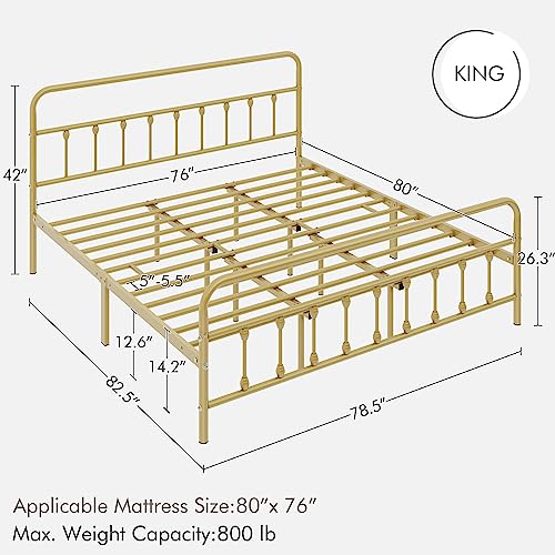 Topeakmart King Size Victorian Style Metal Bed Frame with Headboard/Mattress Foundation/No Box Spring Needed/Under Bed Storage/Strong Slat Support Antique Gold