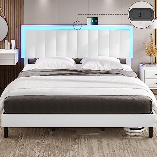 DICTAC King Bed Frame with Led Lights and USB Ports Modern Upholstered Platform Bed Frame with Headboard King Size Faux Leather Led Bed Frame,Wooden Slats, No Box Spring Needed, Easy Assembly, White