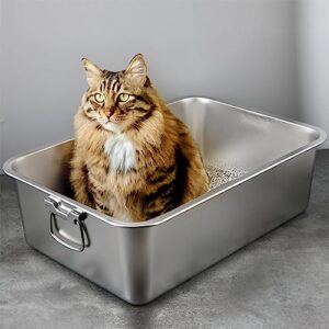 Bothyi Open Litter Box for Indoor Cats, Kitten Potty Pan Kitten Toilet Stainless Steel Container Pet Litter Tray for Small Large Cats Bunny, 45cmx35cmx10cm